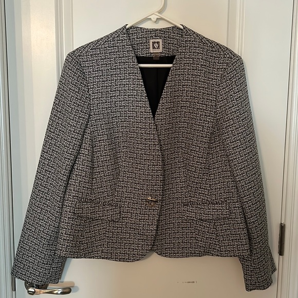 Anne Klein | Jackets & Coats | Anne Klein Blazer Black And White Tweed Look Plaid With Metallic ...